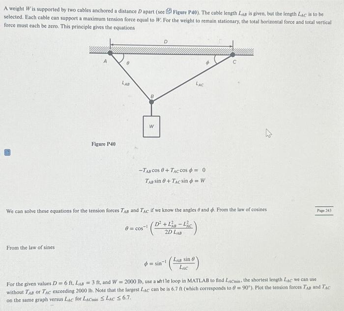 Solved A weight W is supported by two cables anchored a | Chegg.com