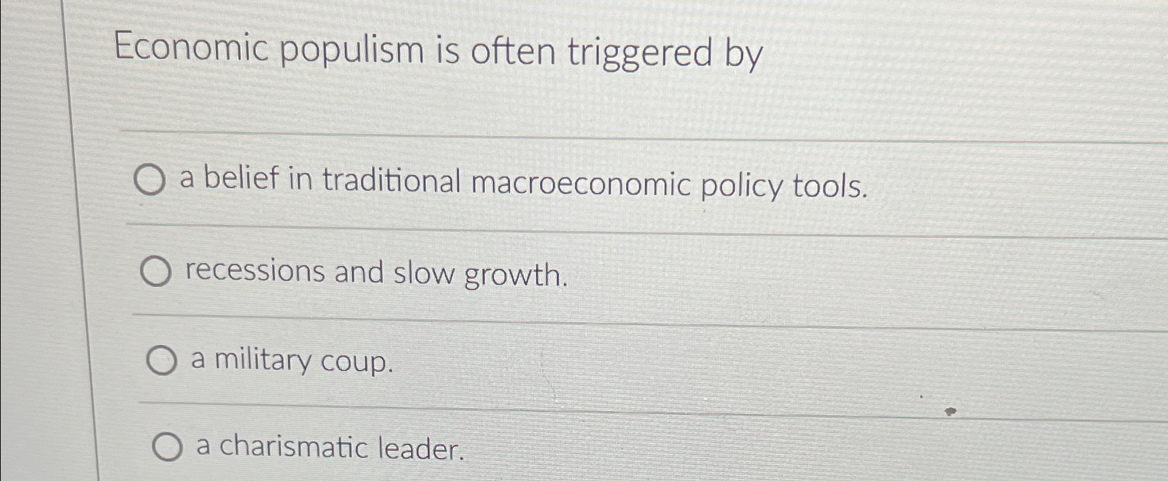 Solved Economic populism is often triggered bya belief in | Chegg.com