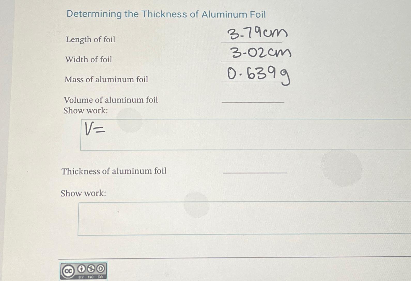 Solved Determining the Thickness of Aluminum FoilLength of | Chegg.com