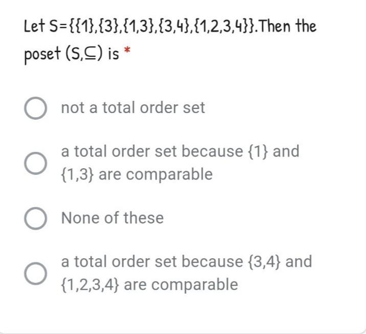 Solved Let S={{1},{3},{1,3},{3,4},{1,2,3,4}}. Then the poset | Chegg.com