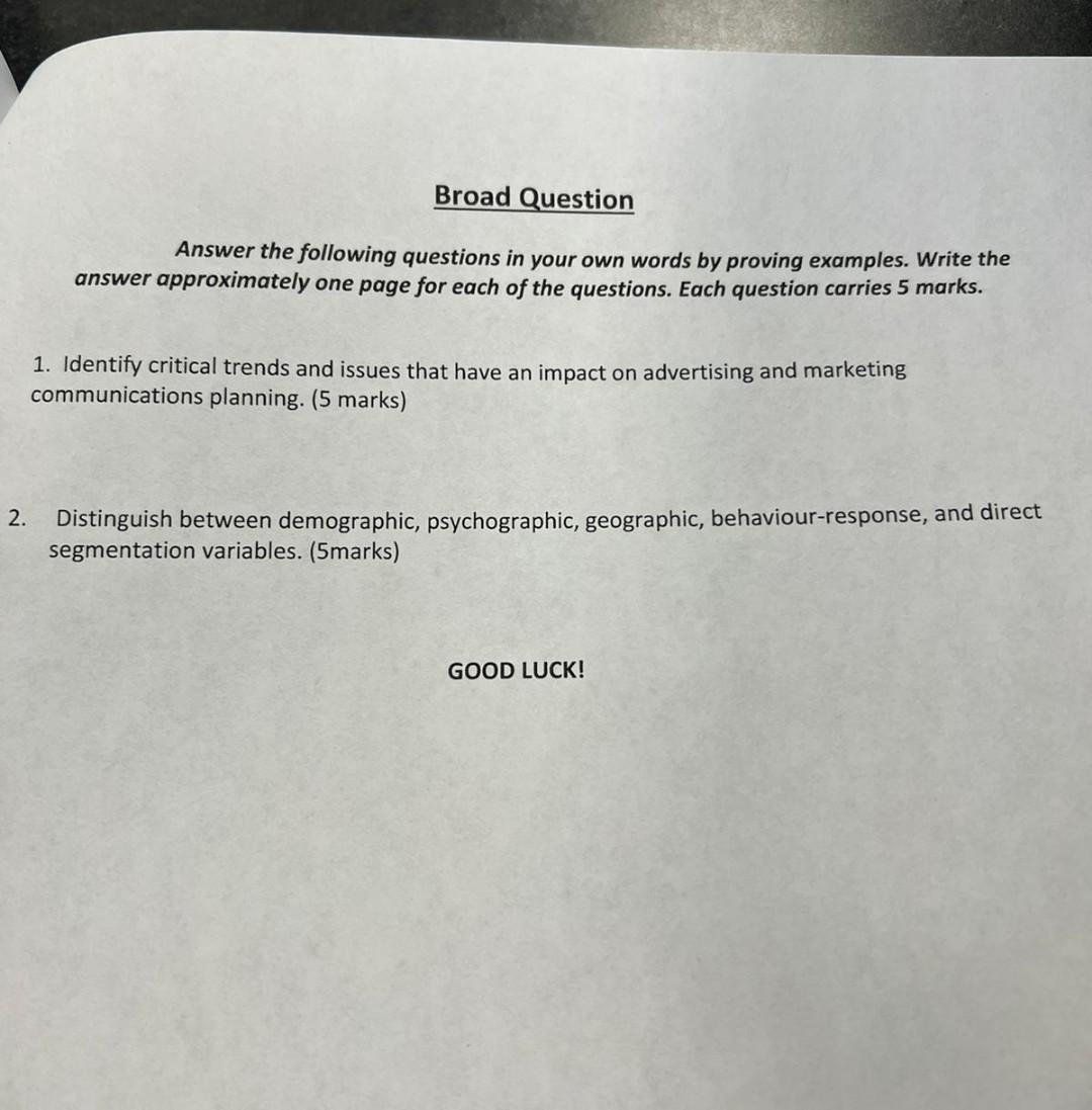 Solved Broad Question Answer the following questions in your | Chegg.com
