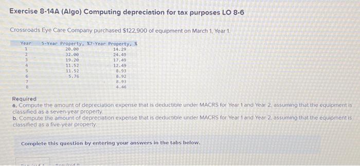 Solved Exercise 8-14A (Algo) Computing depreciation for tax | Chegg.com