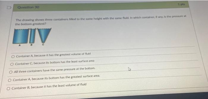 Solved 1 Question 30 The drawing shows three containers | Chegg.com