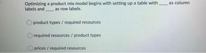 Solved as column Optimizing a product mix model begins with | Chegg.com
