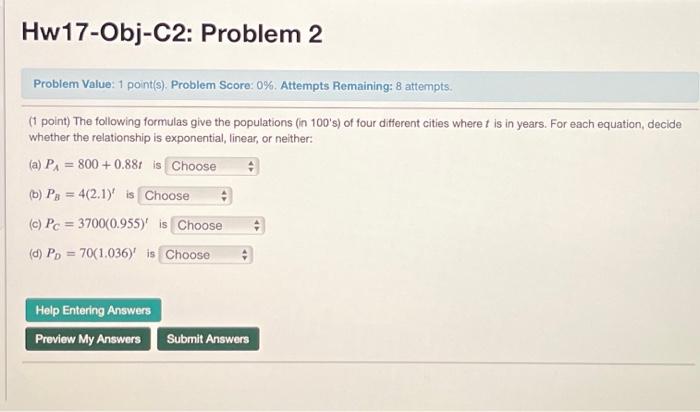 Solved (1 point) The following formulas give the populations | Chegg.com