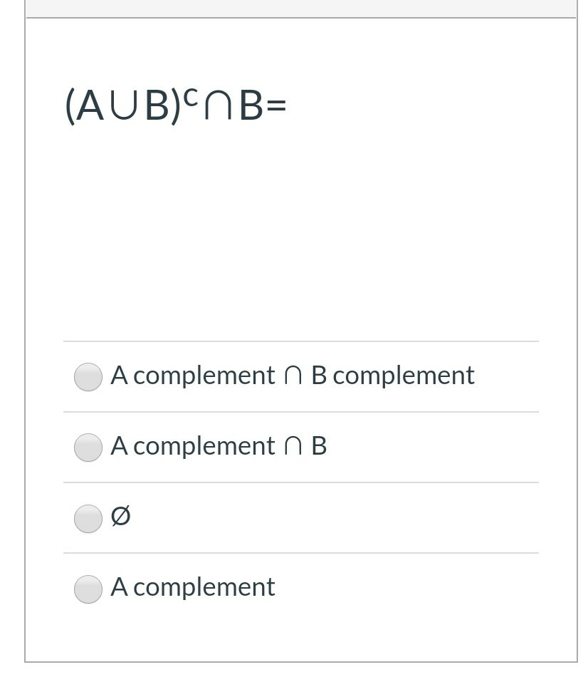 Solved (AUB) NB= A complement n B complement A complement n | Chegg.com
