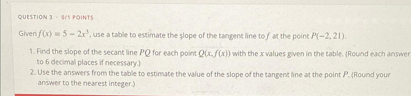 Solved QUESTION 3 - ﻿O/1 ﻿POINTSGiven f(x)=5-2x3, ﻿use a | Chegg.com