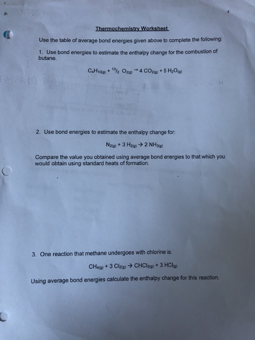 Thermochemistry Worksheet Use the table of average | Chegg.com
