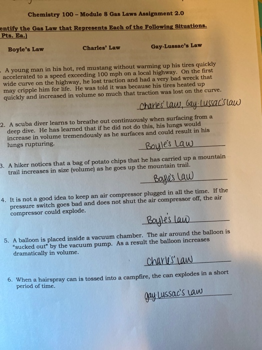 Chemistry 100 - Module 8 Gas Laws Assignment 2.0 | Chegg.com