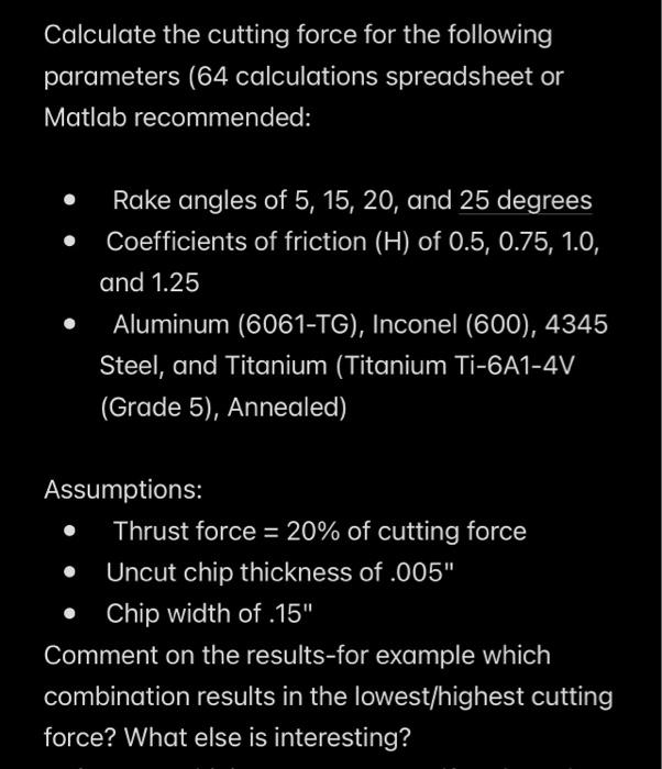Solved Calculate the cutting force for the following | Chegg.com