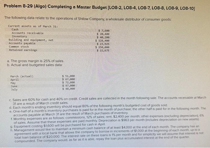 Solved Problem 8-29 (Algo) Completing a Master Budget | Chegg.com