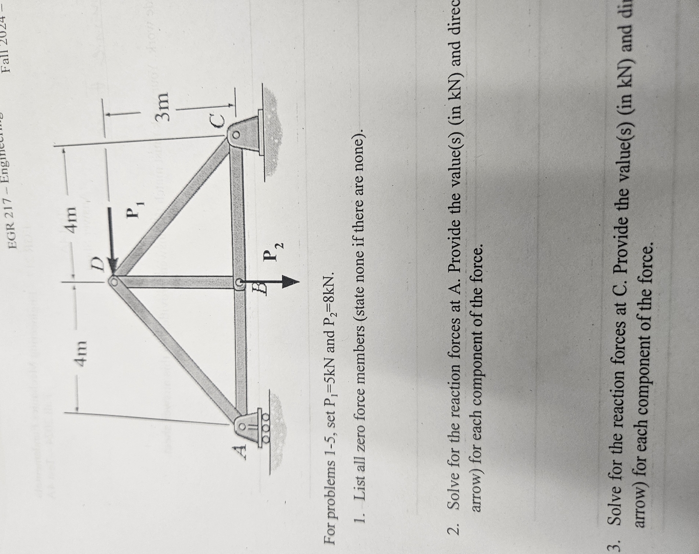 Solved For problems 1-5, ﻿set P1=5kN ﻿and P2=8kN.List all | Chegg.com