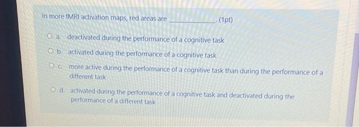 Solved in more fMRI activation maps, red areas are (1 pt) O | Chegg.com