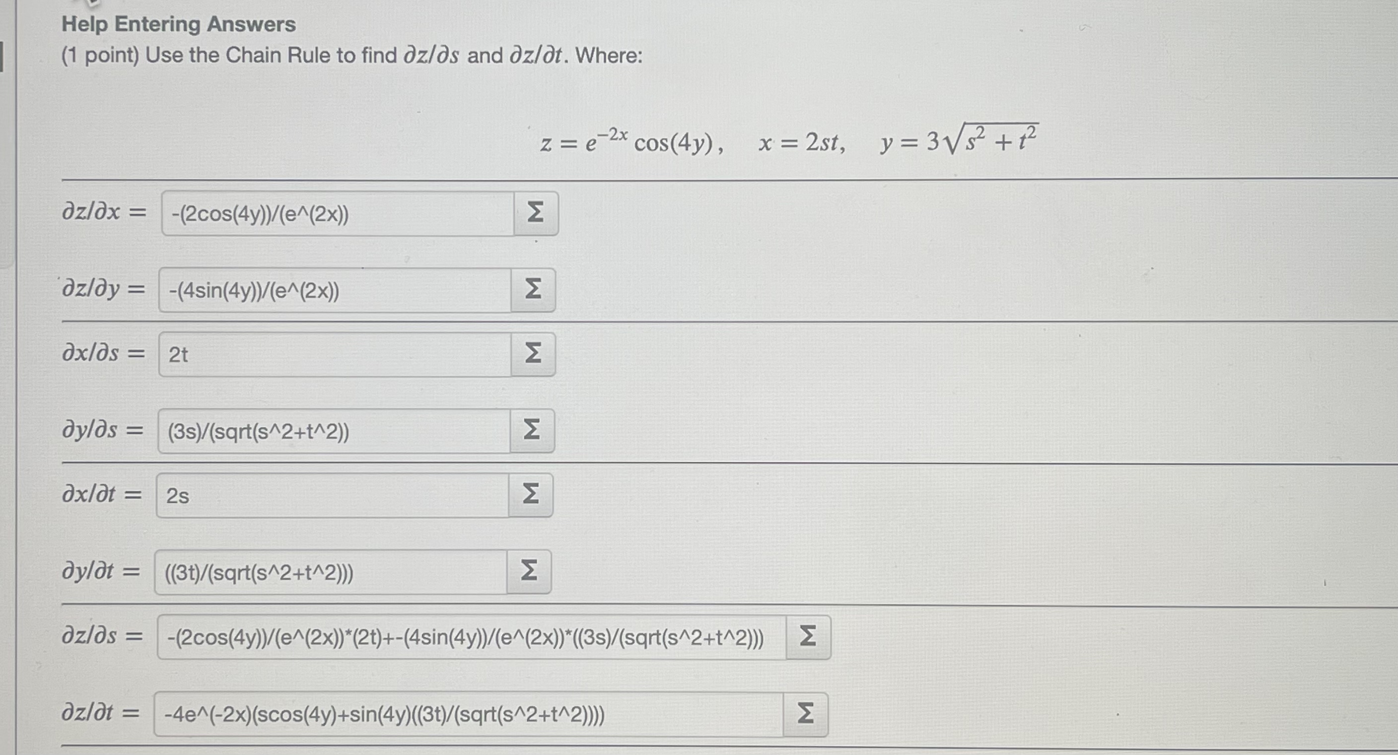 Help Entering Answers( 1 ﻿point) ﻿Use the Chain Rule | Chegg.com