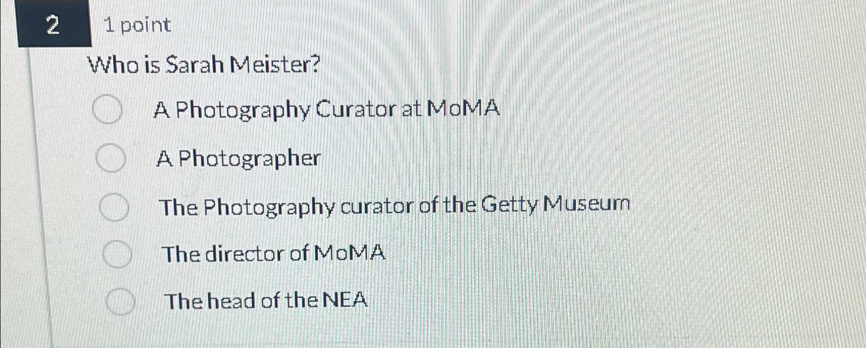 Solved 21 ﻿pointWho is Sarah Meister?A Photography Curator | Chegg.com