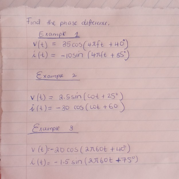 Solved Find the phase difference, Example 1 v (t) = | Chegg.com