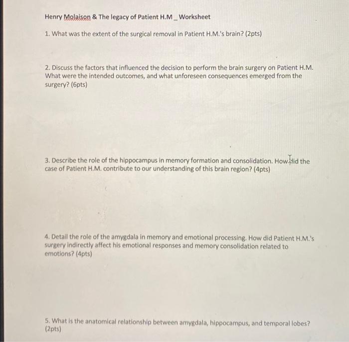Solved Henry Molaison \& The legacy of Patient H.M_Worksheet | Chegg.com