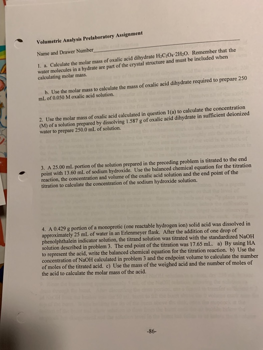 Solved Volumetrie Analysis Prelaboratory Assignment Name and | Chegg.com
