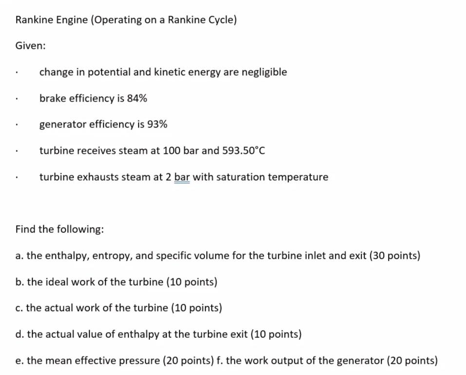 Solved Rankine Engine (Operating on a Rankine Cycle) Given: | Chegg.com