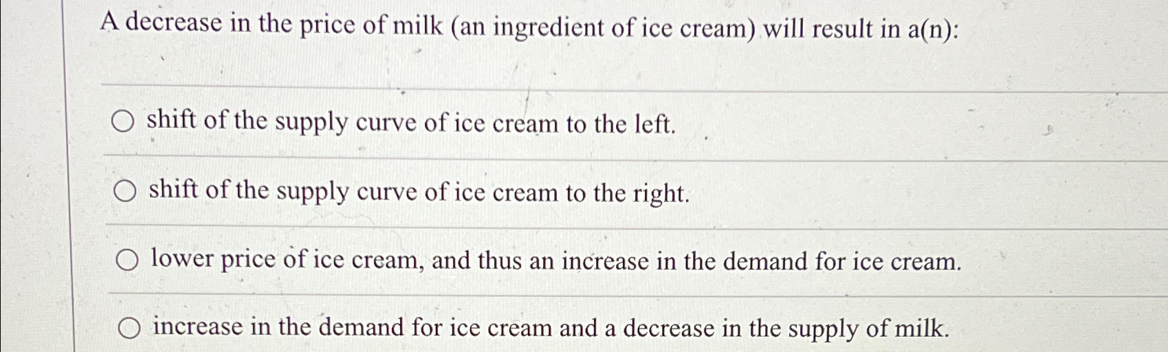 Solved A decrease in the price of milk (an ingredient of ice | Chegg.com