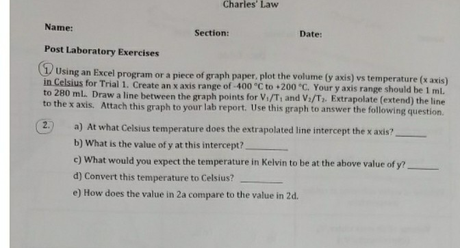 Solved Charles Law Name: Section: Date: Post Laboratory | Chegg.com