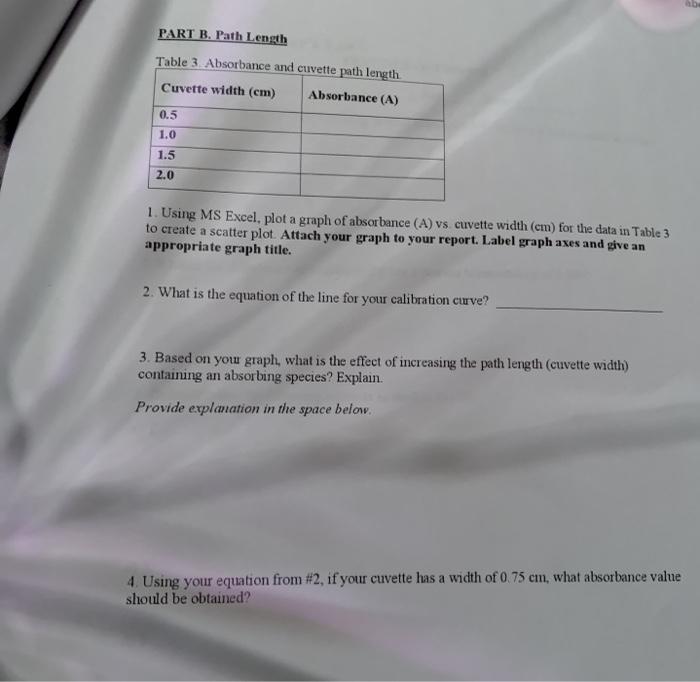 PART B. Path Length Table 3. Absorbance and cuvette | Chegg.com