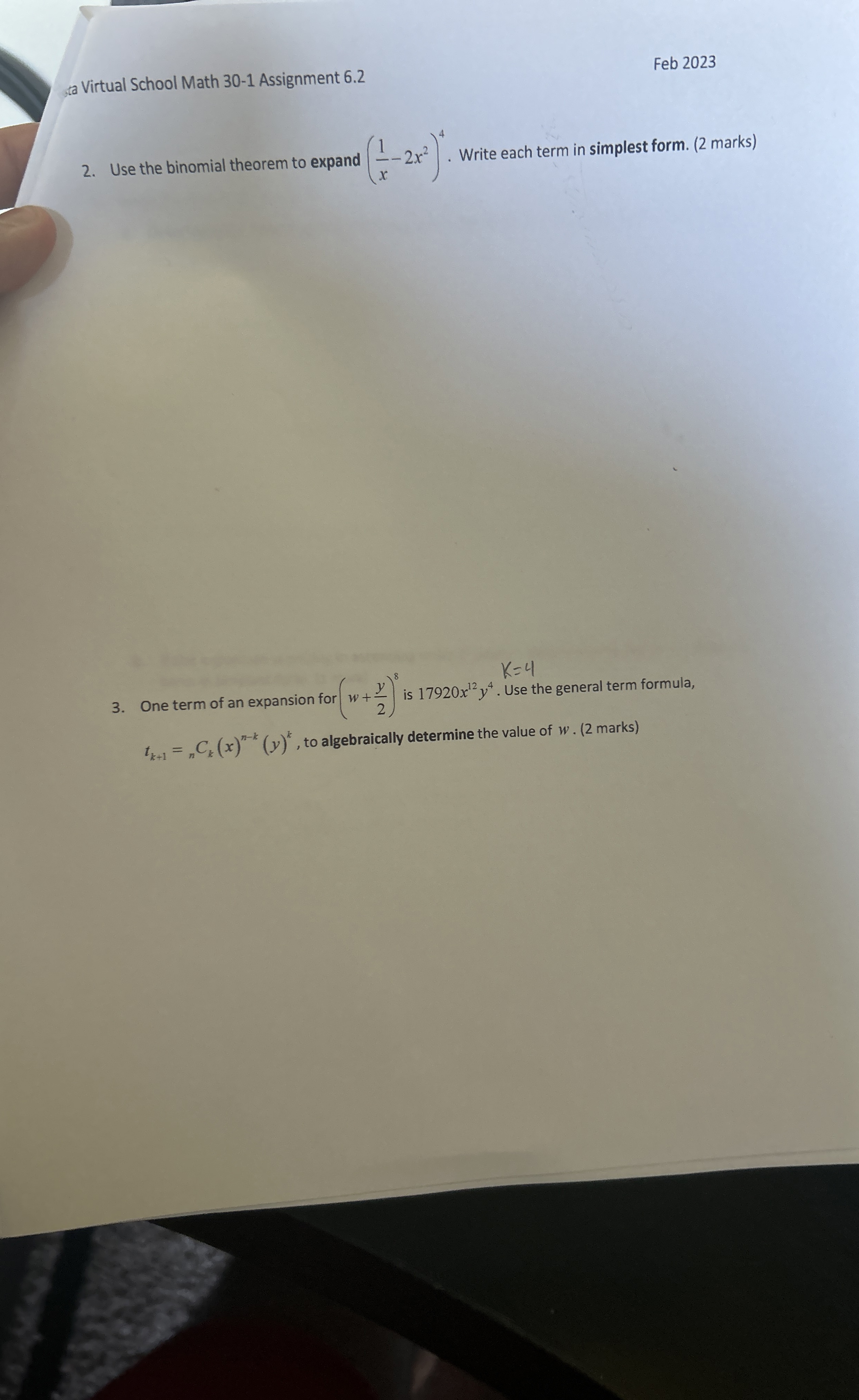 Solved ta Virtual School Math 30-1 ﻿Assignment 6.2Feb 20232. | Chegg.com