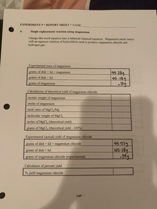 Solved EXPERIMENT 9. REPORT SHEET NAME Single replacement | Chegg.com