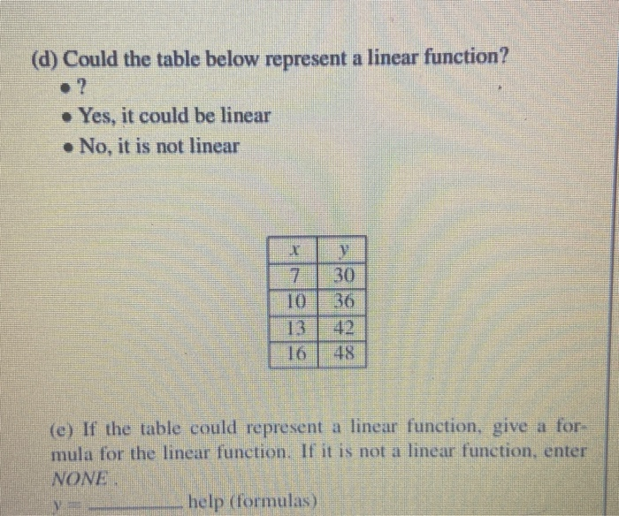 Solved (d) Could the table below represent a linear | Chegg.com