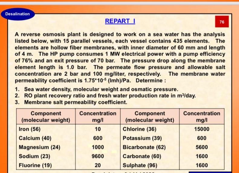 Solved A reverse osmosis plant is designed to work on a sea | Chegg.com