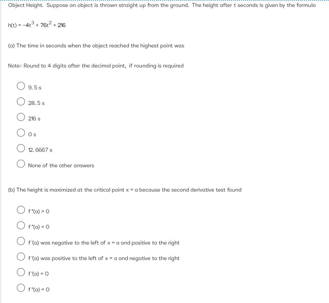 Solved Object Height. Suppose an object is thrown straight | Chegg.com