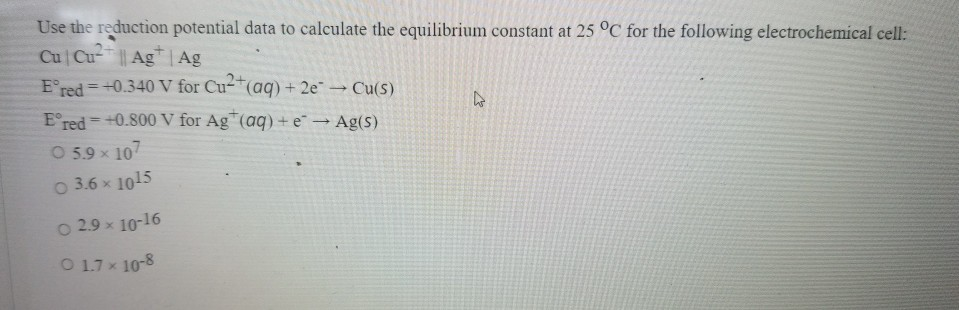 Solved Use the reduction potential data to calculate the | Chegg.com