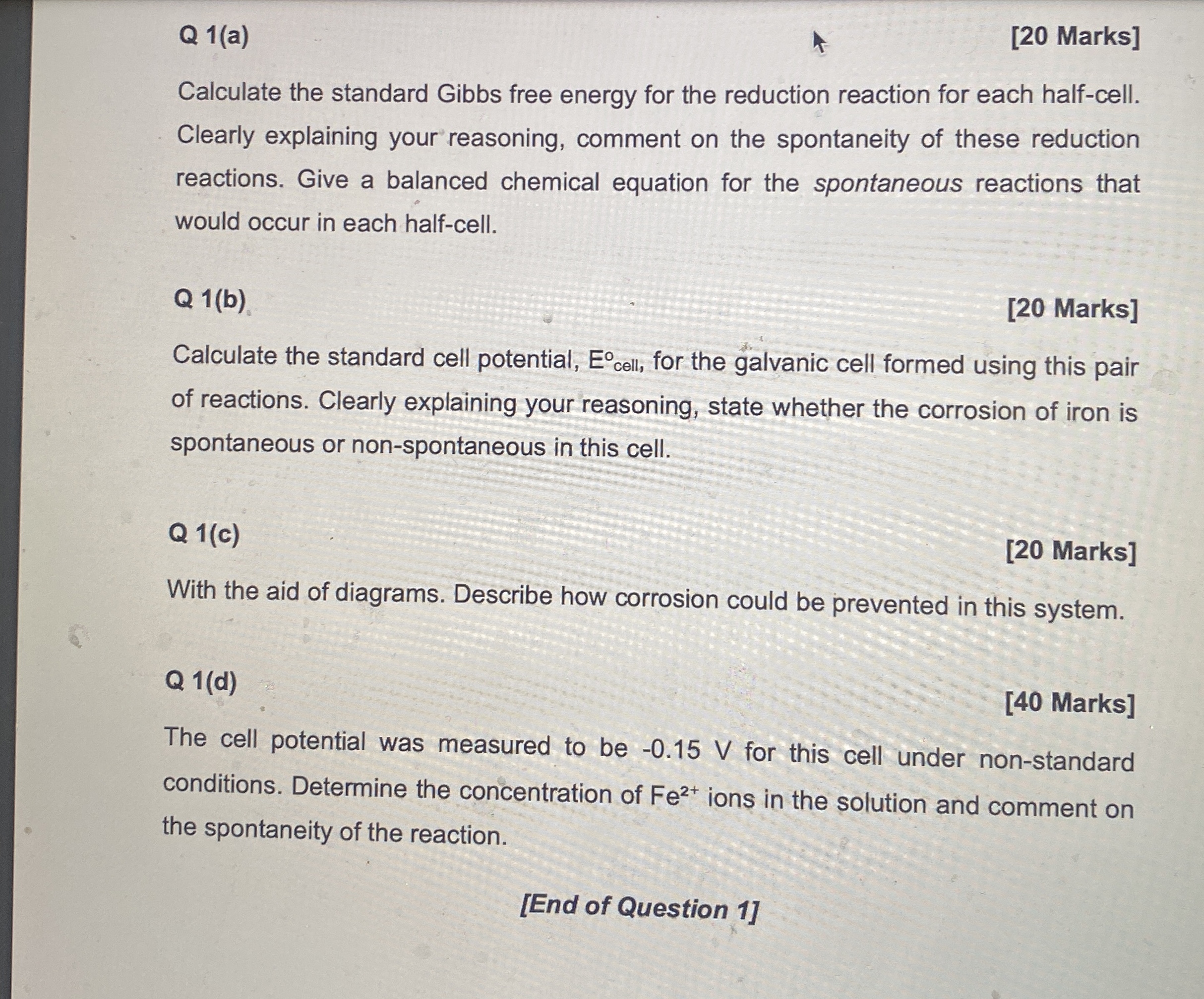 Solved Q 1(a)[20 ﻿Marks]Calculate the standard Gibbs free | Chegg.com