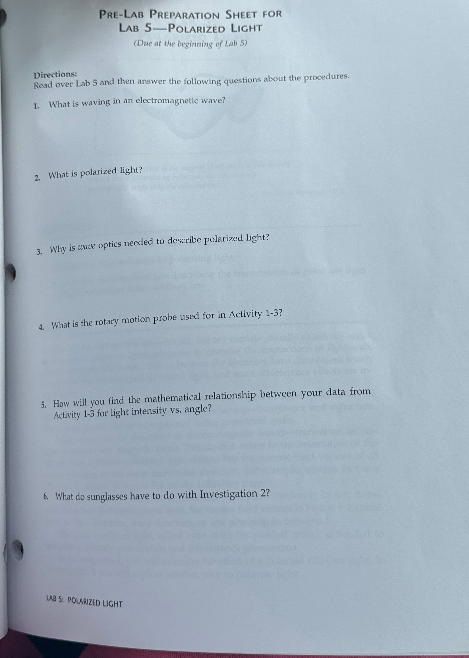 Solved Pre-Lab Preparation Sheet forLAB 5-Polarized | Chegg.com