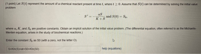 Solved (1 point) Let S(t) represent the amount of a chemical | Chegg.com