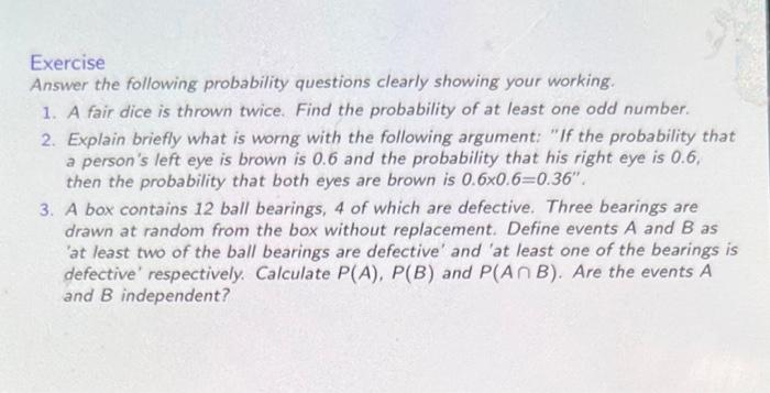 Solved Exercise Answer the following probability questions | Chegg.com