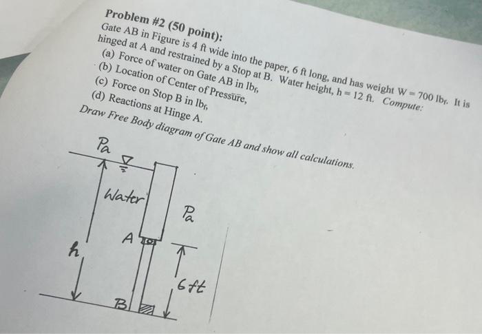 Solved Problem \#2 (50 point): Gate AB in Figure is 4ft wide | Chegg.com