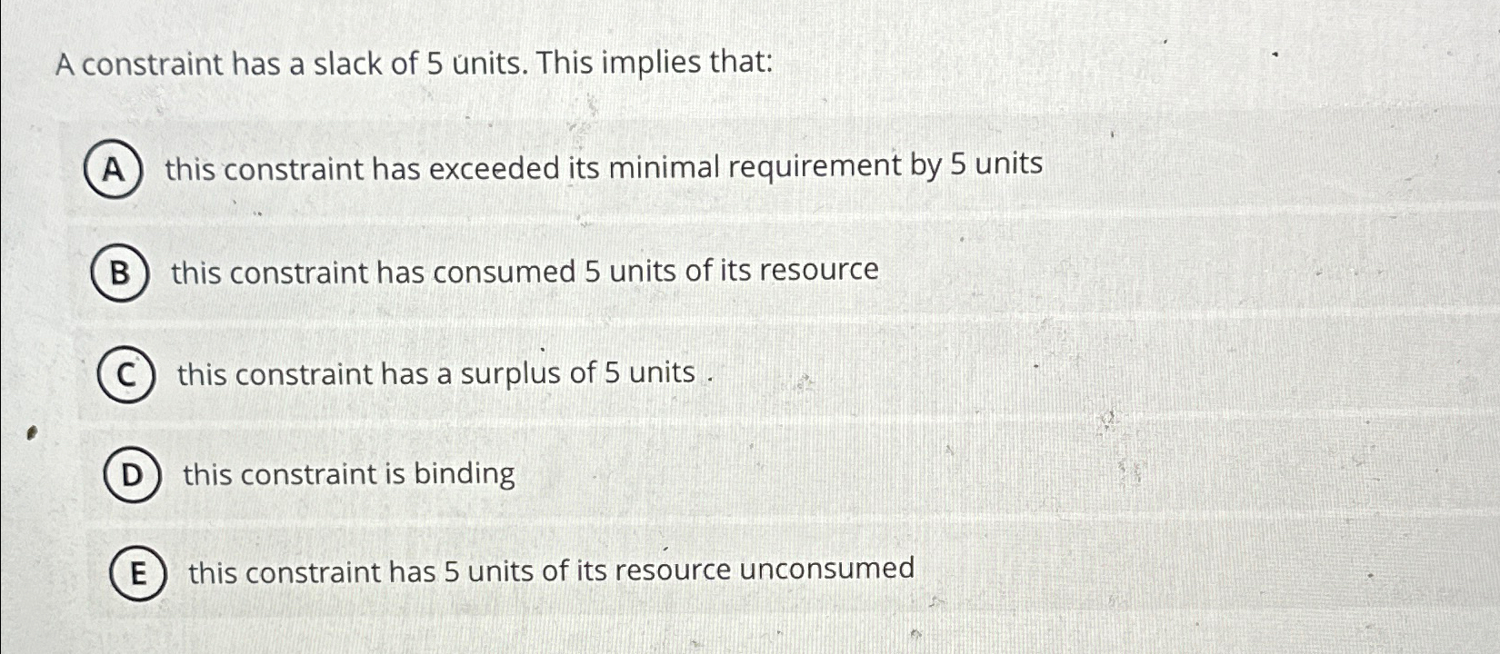 Solved A constraint has a slack of 5 ﻿units. This implies | Chegg.com