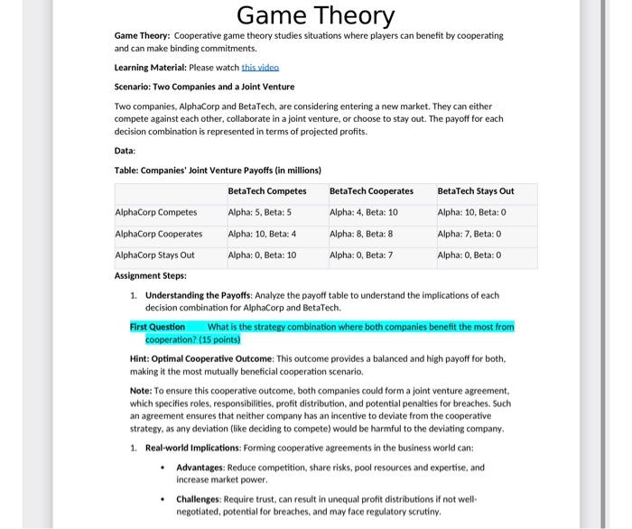 Solved Game Theory Game Theory: Cooperative game theory | Chegg.com