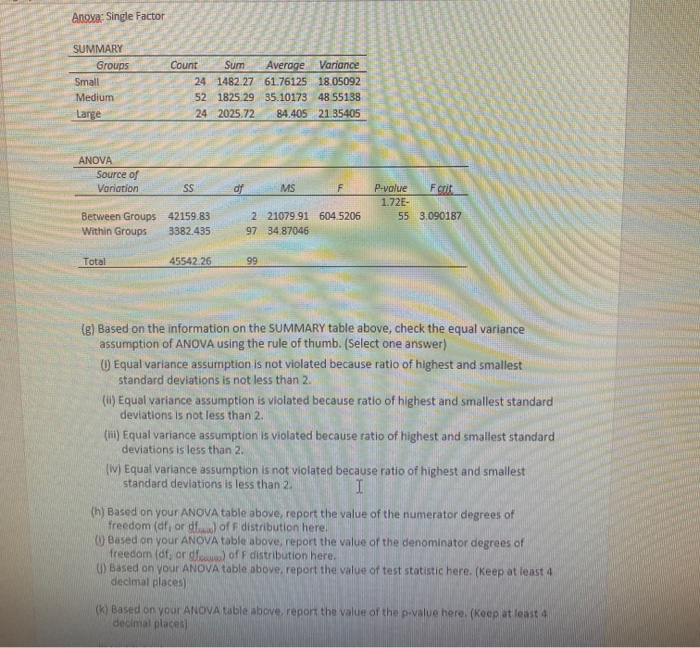 Solved Anova: Single Factor SUMMARY Groups Small Medium | Chegg.com