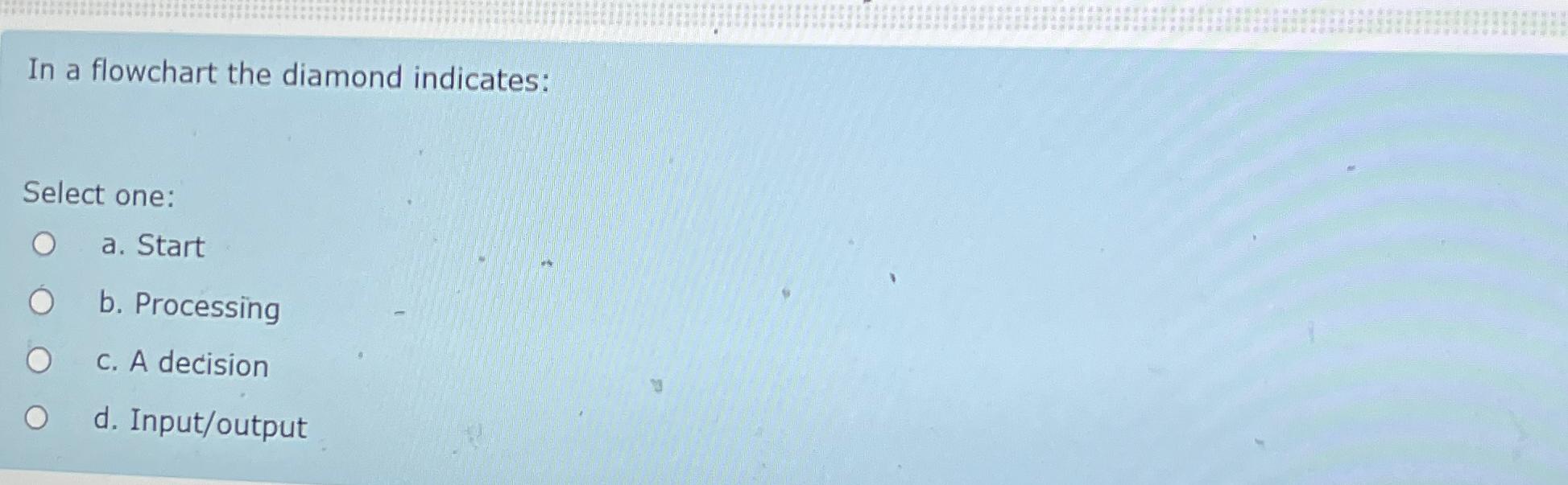 Solved In a flowchart the diamond indicates:Select one:a. | Chegg.com
