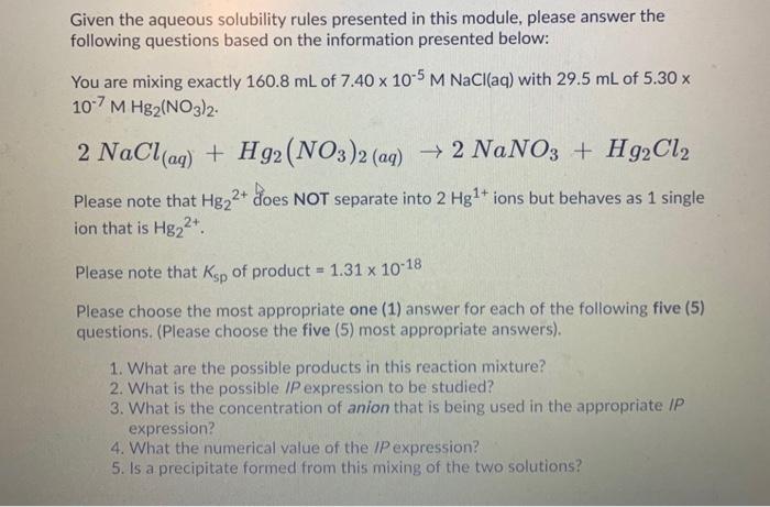 Solved Given the aqueous solubility rules presented in this | Chegg.com