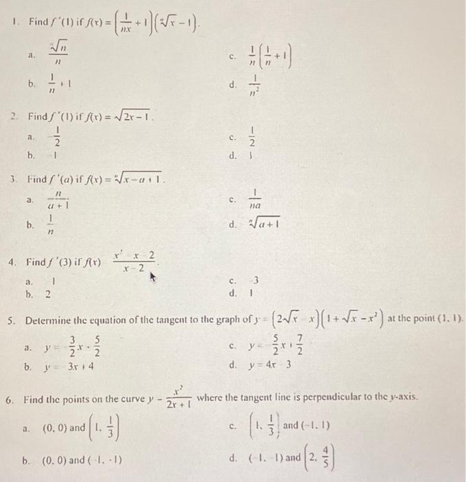 Solved 1. Find f′(1) if f(x)=(nx1+1)(nx−1). a. nn c. | Chegg.com