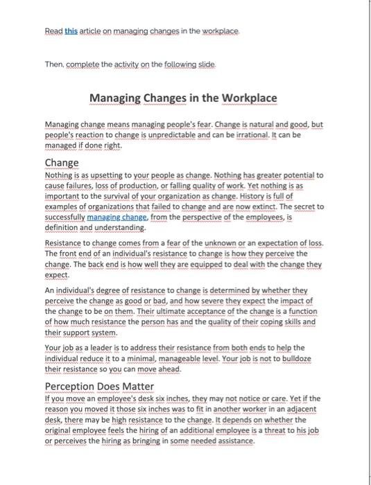 Solved Managing Changes in the Workplace Managing change | Chegg.com