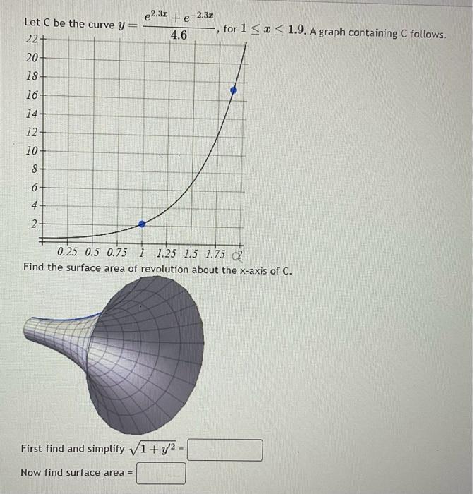 Solved Let C be the curve y=1xe2.3x+e−2.3x, for 1≤x≤1.9. A | Chegg.com