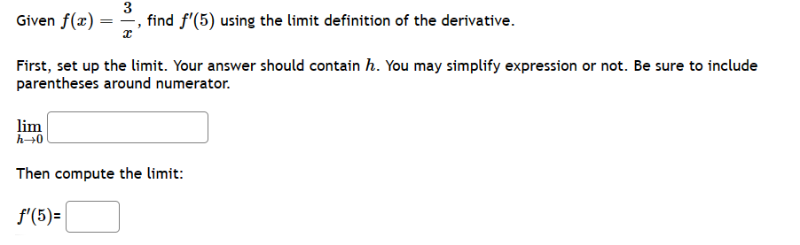 Solved Given f(x)=3x, ﻿find f'(5) ﻿using the limit | Chegg.com
