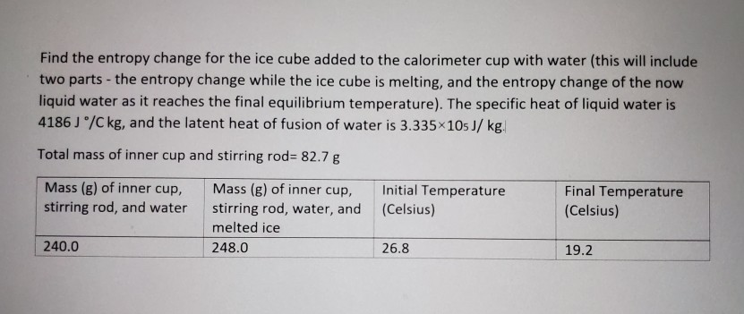 Solved Find the entropy change for the ice cube added to the | Chegg.com