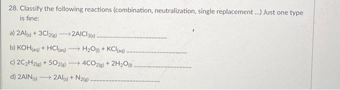 Solved 28 Classify The Following Reactions Combination