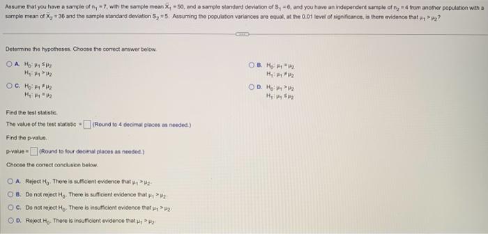 Solved Assume that you have a sample of n1=7, with the | Chegg.com