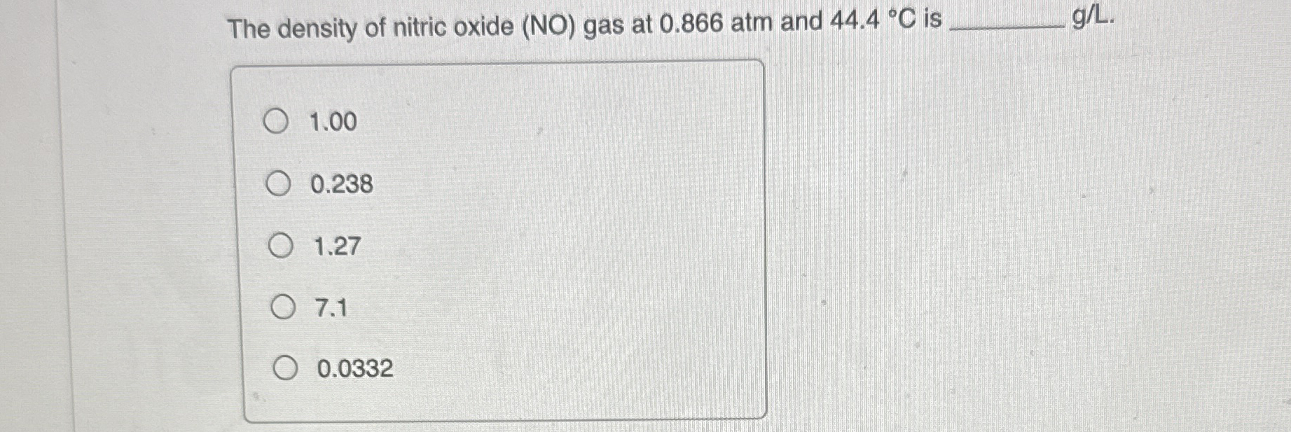 Solved The Density Of Nitric Oxide No ﻿gas At 0 866 ﻿atm